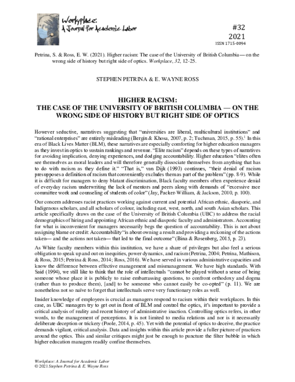 (PDF) HIGHER RACISM: THE CASE OF THE UNIVERSITY OF BRITISH COLUMBIA ...