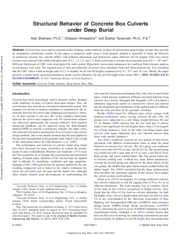 (PDF) Structural Behavior of Concrete Box Culverts under Deep Burial