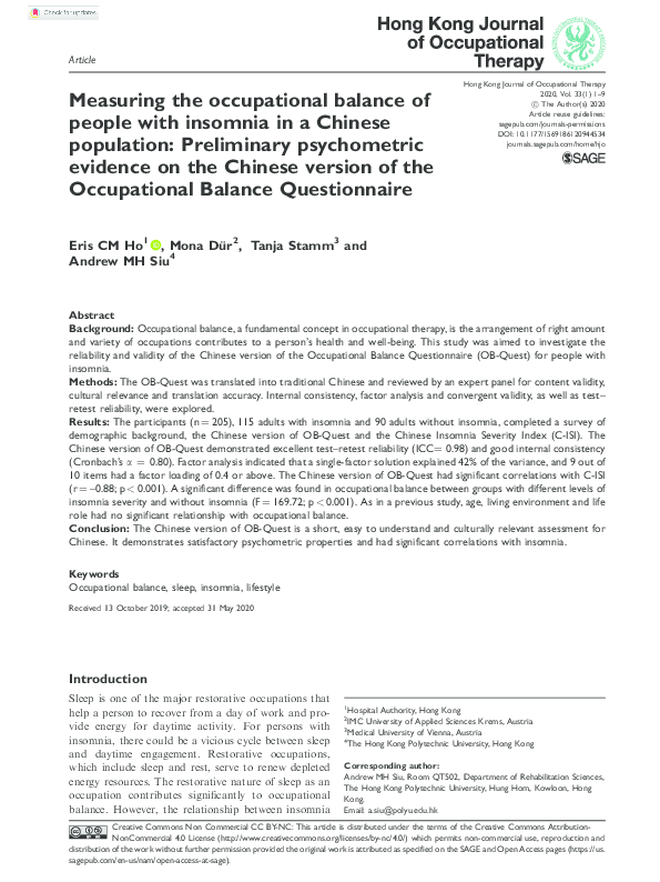 (PDF) Measuring the occupational balance of people with insomnia in a ...