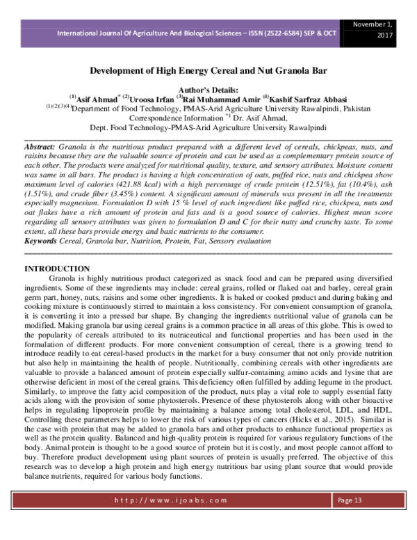 (PDF) Development of High Energy Cereal and Nut Granola Bar Asif Ahmad ...