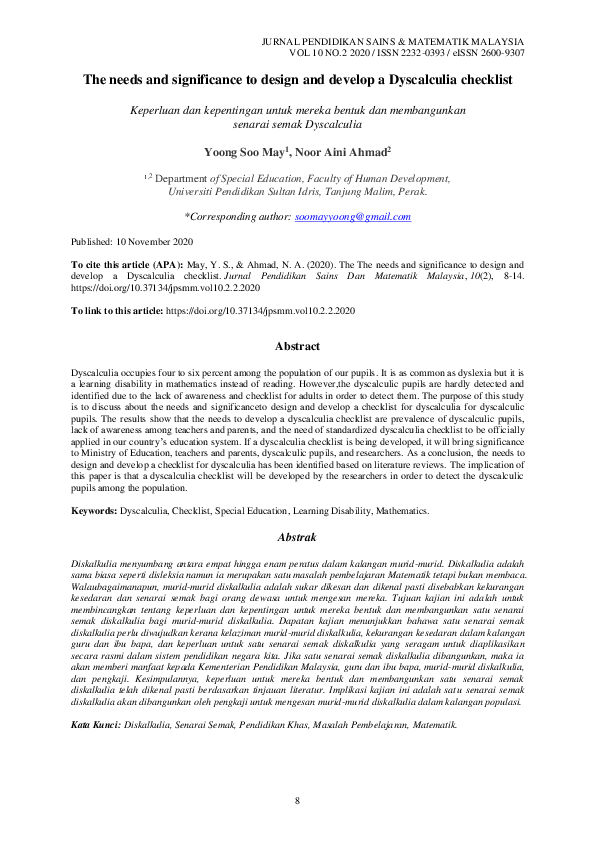 (PDF) The needs and significance to design and develop a Dyscalculia ...