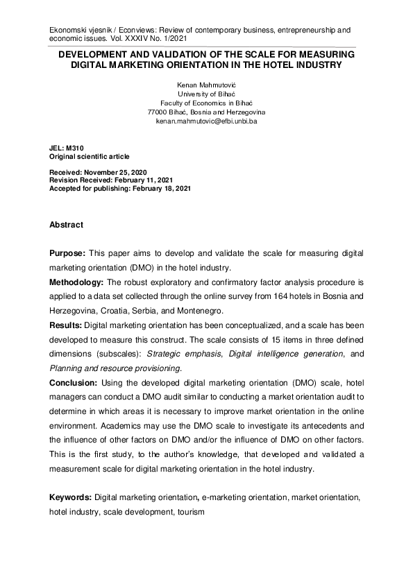 (PDF) DEVELOPMENT AND VALIDATION OF THE SCALE FOR MEASURING DIGITAL MARKETING ORIENTATION IN THE ...