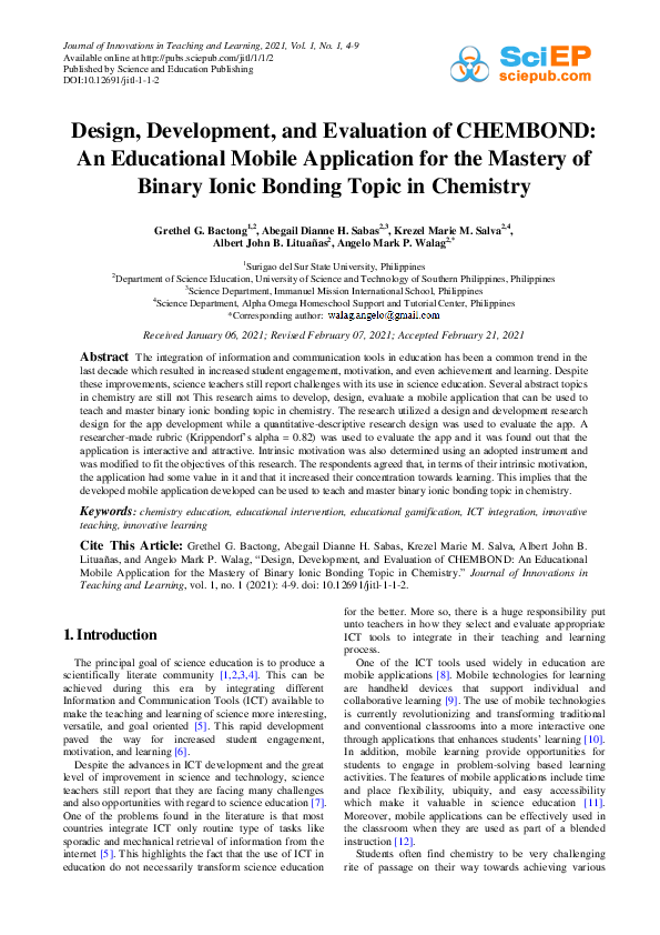 (PDF) Design, Development, and Evaluation of CHEMBOND: An Educational ...