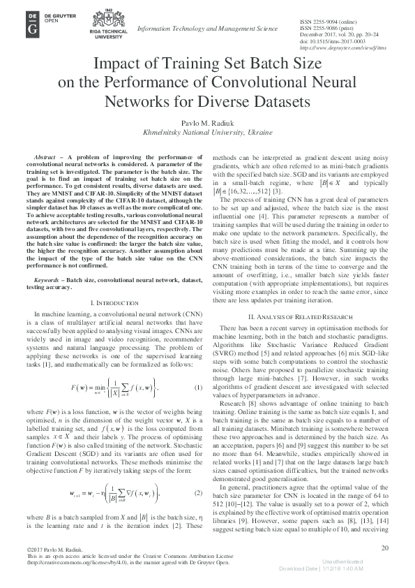 (PDF) Impact of Training Set Batch Size on the Performance of Convolutional Neural Networks for ...