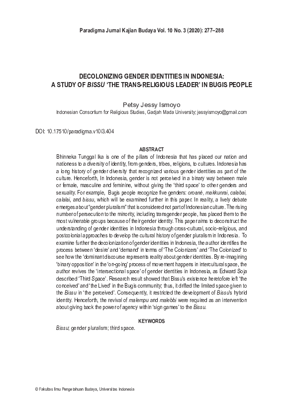(PDF) DECOLONIZING GENDER IDENTITIES IN INDONESIA: A STUDY OF BISSU ...