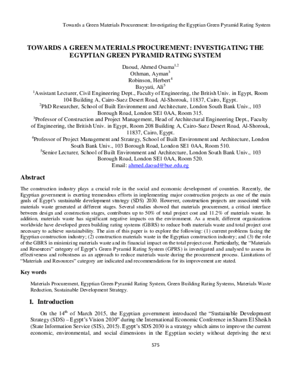 (PDF) TOWARDS A GREEN MATERIALS PROCUREMENT: INVESTIGATING THE EGYPTIAN ...