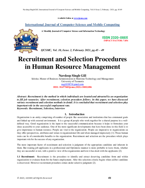 (PDF) Recruitment and Selection Procedures in Human Resource Management ...