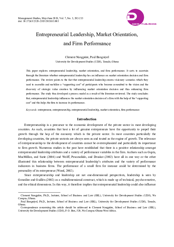 (PDF) Entrepreneurial Leadership, Market Orientation, and Firm Performance