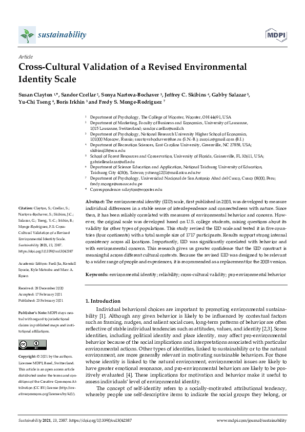 (PDF) Cross-Cultural Validation of a Revised Environmental Identity Scale