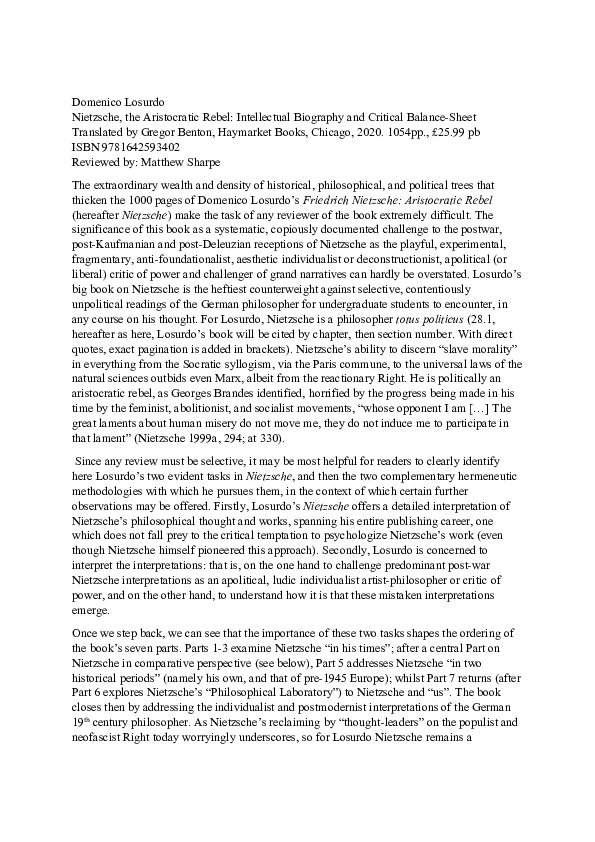 (DOC) Review of Domenico Losurdo's Nietzsche, Aristocratic Rebel (Marx ...