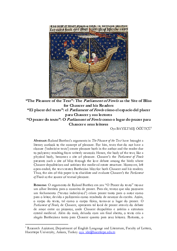 (PDF) “‘The Pleasure of the Text’: The Parliament of Fowls as the Site ...