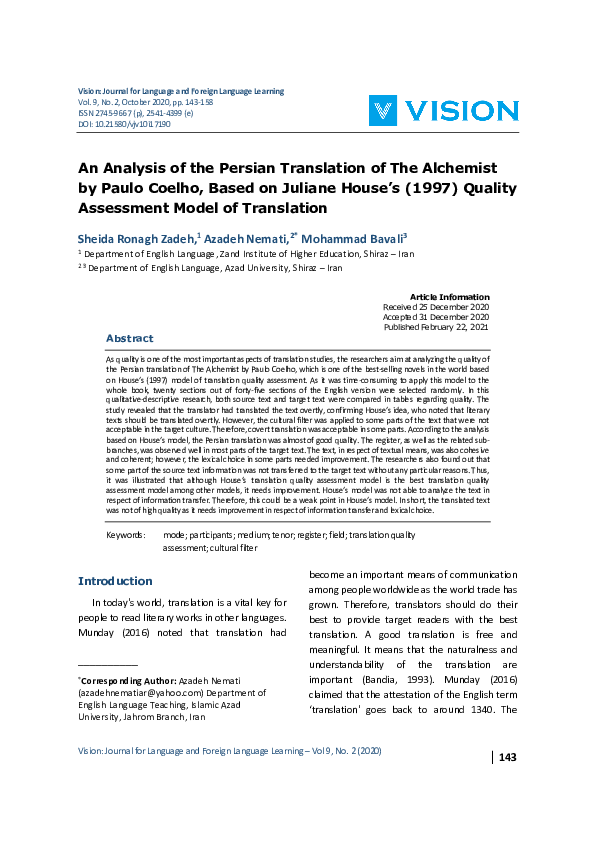 (PDF) An Analysis of the Persian Translation of The Alchemist by Paulo ...