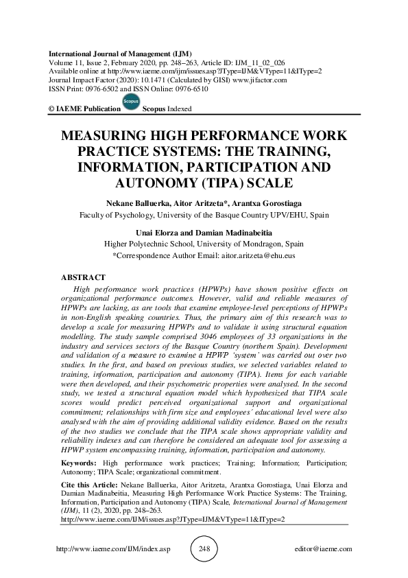 (PDF) MEASURING HIGH PERFORMANCE WORK PRACTICE SYSTEMS: THE TRAINING ...