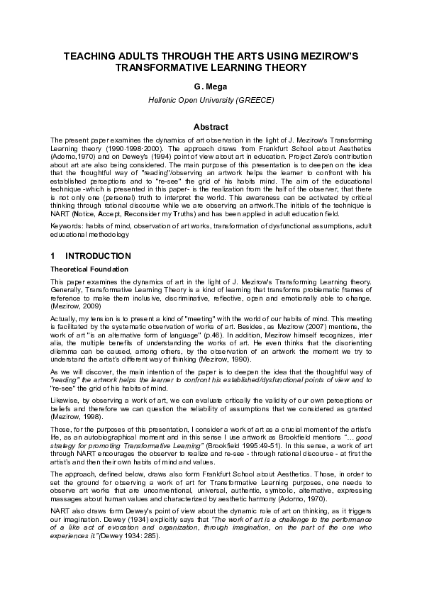 (PDF) TEACHING ADULTS THROUGH THE ARTS USING MEZIROW'S TRANSFORMATIVE ...