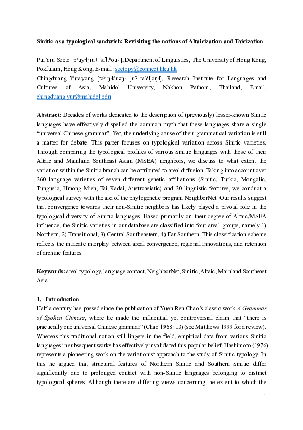 (PDF) Sinitic as a typological sandwich: Revisiting the notions of ...