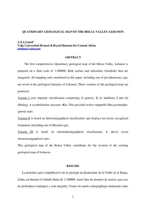 (PDF) QUATERNARY GEOLOGICAL MAP OF THE BEKAA VALLEY-LEBANON