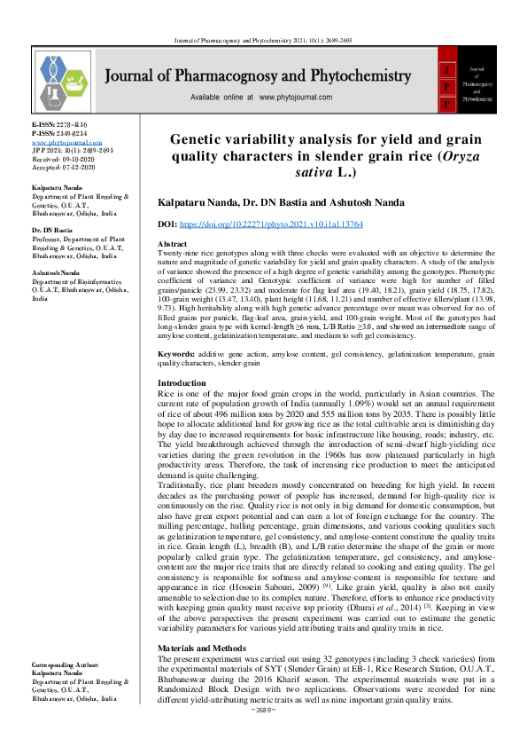 (PDF) Genetic variability analysis for yield and grain quality characters in slender grain rice ...