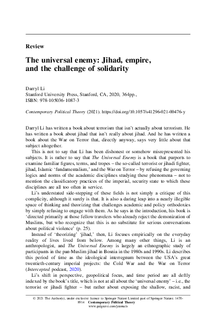 (PDF) Darryl Li's The Universal Enemy: Jihad, Empire, and the Challenge ...