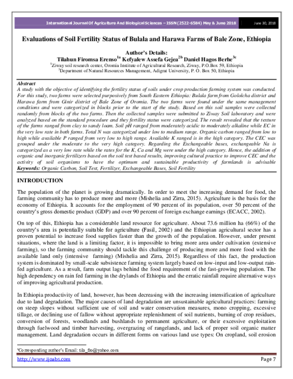 (PDF) Evaluations of Soil Fertility Status of Bulala and Harawa Farms of Bale Zone, Ethiopia ...