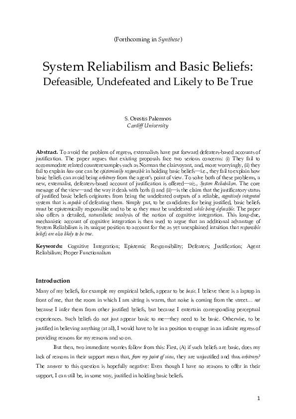 (PDF) System Reliabilism and Basic Beliefs: Defeasible, Undefeated and ...