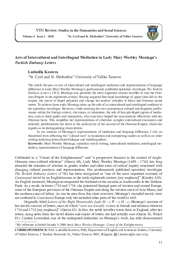 (PDF) Acts of Intercultural and Interlingual Mediation in Lady Mary ...