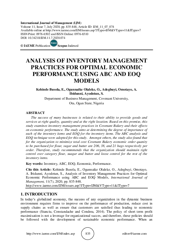 (PDF) ANALYSIS OF INVENTORY MANAGEMENT PRACTICES FOR OPTIMAL ECONOMIC PERFORMANCE USING ABC AND ...