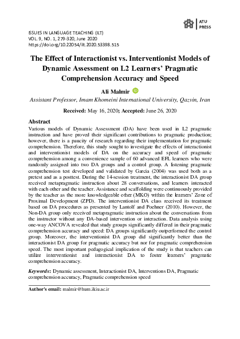 (PDF) The Effect of Interactionist vs. Interventionist Models of Dynamic Assessment on L2 ...