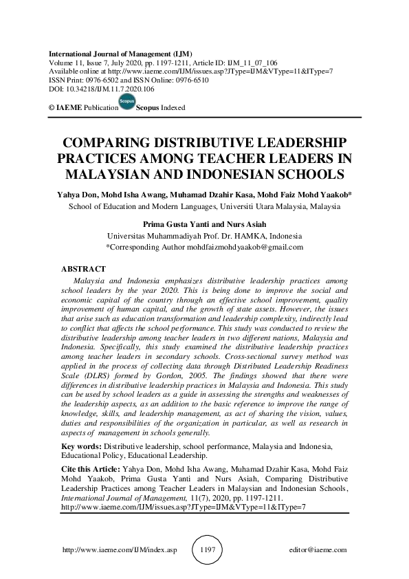 (PDF) COMPARING DISTRIBUTIVE LEADERSHIP PRACTICES AMONG TEACHER LEADERS ...