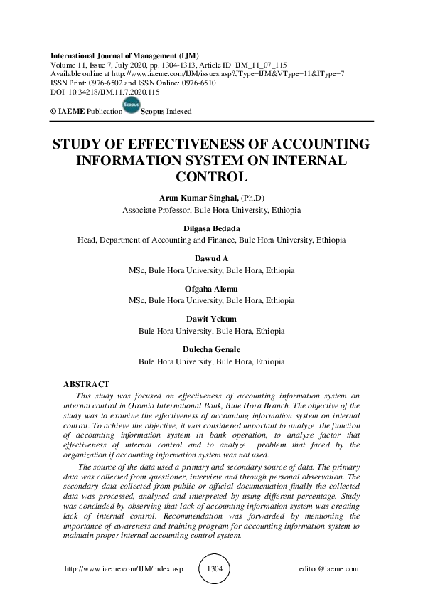 (PDF) STUDY OF EFFECTIVENESS OF ACCOUNTING INFORMATION SYSTEM ON INTERNAL CONTROL