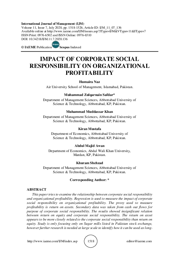 (PDF) IMPACT OF CORPORATE SOCIAL RESPONSIBILITY ON ORGANIZATIONAL PROFITABILITY