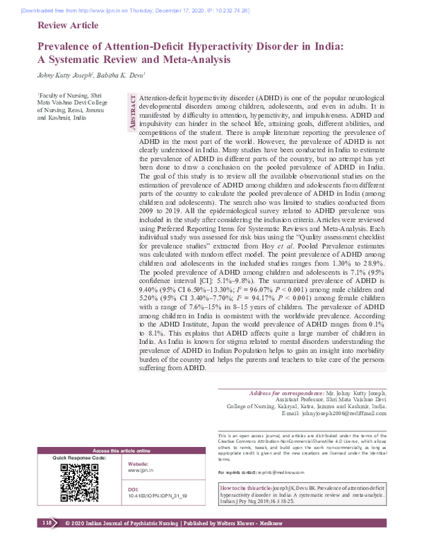 (PDF) Prevalence of Attention-Deficit Hyperactivity Disorder in India ...