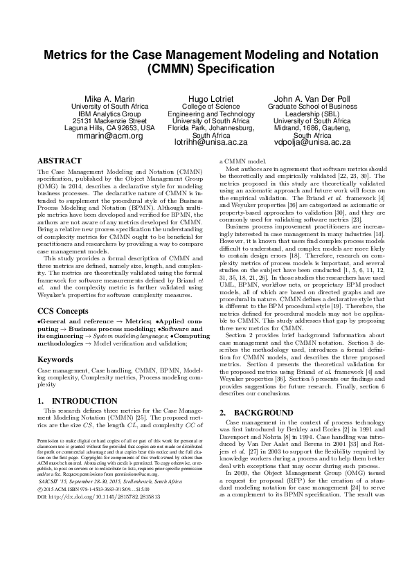 Pdf Metrics For The Case Management Modeling And Notation Cmmn