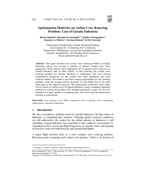 Pdf Optimization Model For An Airline Crew Rostering Problem Case Of Garuda Indonesia