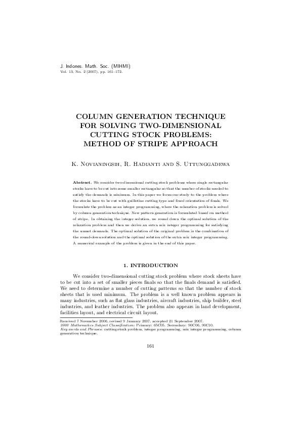 (PDF) Column Generation Technique for Solving Two-Dimensional Cutting Stock Problems: Method of ...