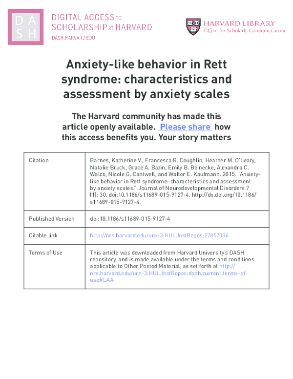 (PDF) Anxiety-like behavior in Rett syndrome: characteristics and ...