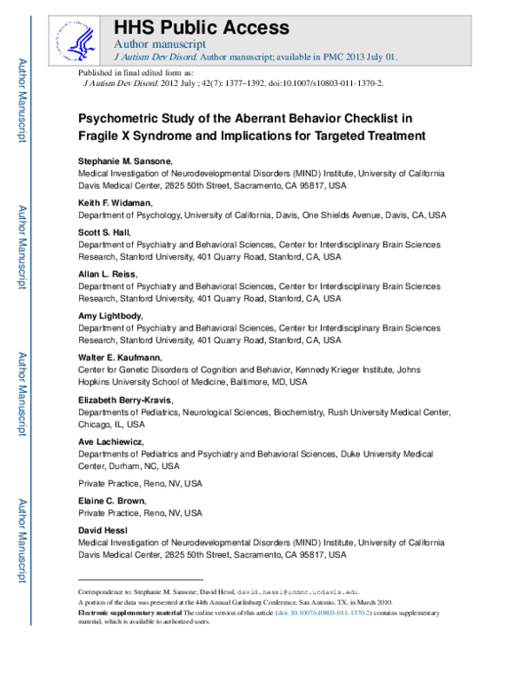 (PDF) Psychometric Study of the Aberrant Behavior Checklist in Fragile ...