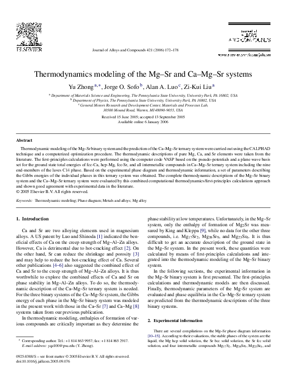 (PDF) Thermodynamics modeling of the Mg–Sr and Ca–Mg–Sr systems