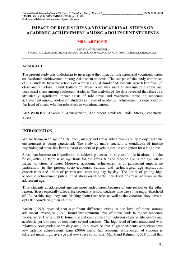 (PDF) IMPACT OF ROLE STRESS AND VOCATIONAL STRESS ON ACADEMIC ...