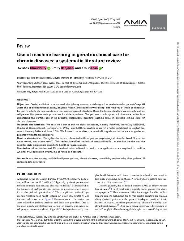 Pdf Use Of Machine Learning In Geriatric Clinical Care For Chronic