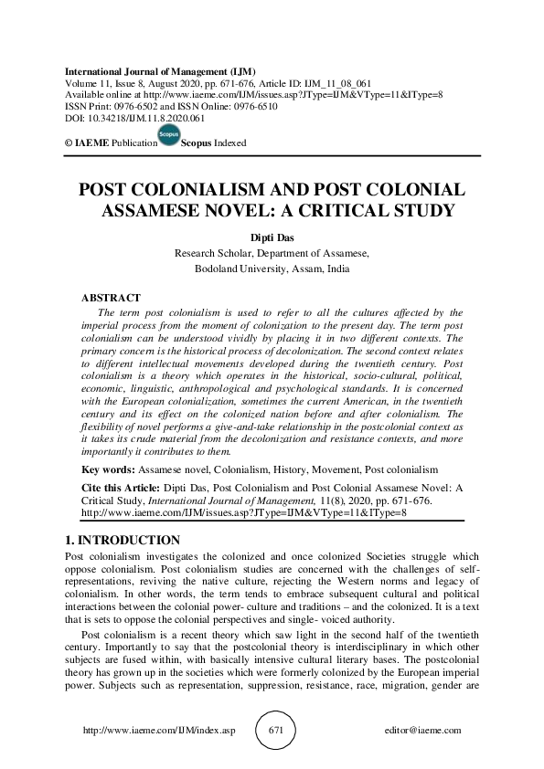 (PDF) POST COLONIALISM AND POST COLONIAL ASSAMESE NOVEL: A CRITICAL STUDY