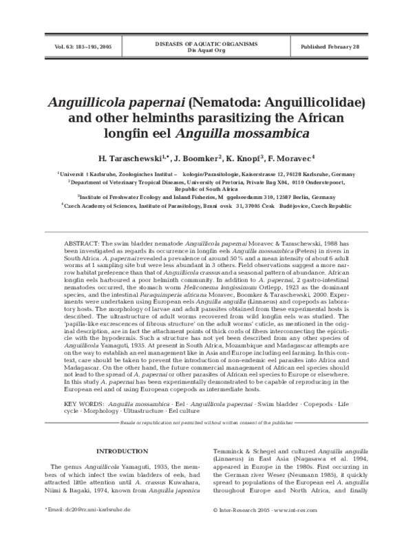 (PDF) Anguillicola papernai (Nematoda: Anguillicolidae) and other ...