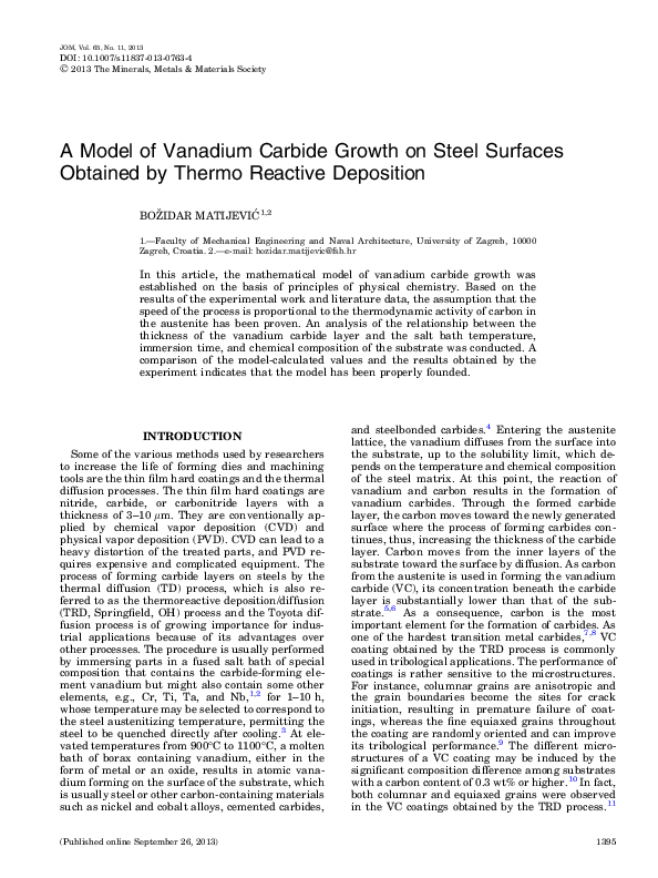 (PDF) A Model of Vanadium Carbide Growth on Steel Surfaces Obtained by ...
