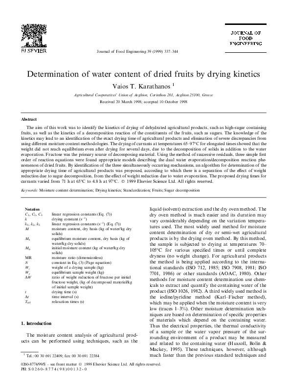 Pdf Determination Of Water Content Of Dried Fruits By Drying Kinetics