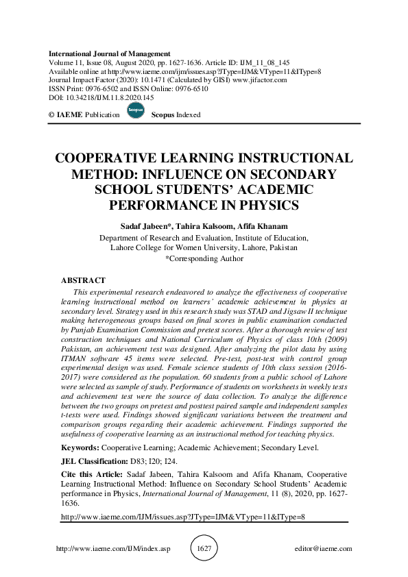 (PDF) Cooperative Learning Instructional Method: Influence on Secondary School Students ...