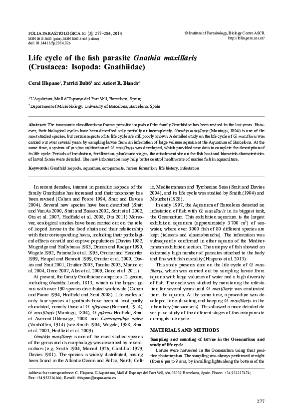 (PDF) Life cycle of the fish parasite Gnathia maxillaris (Crustacea ...