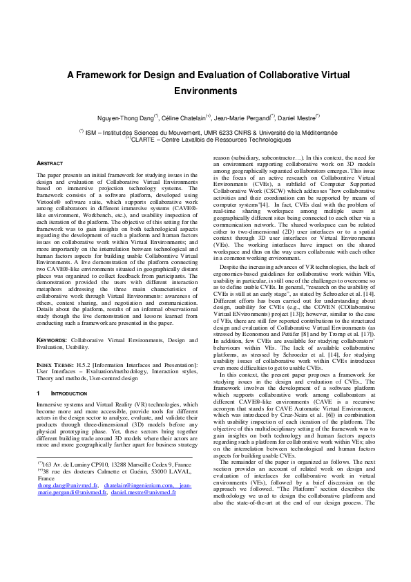 Pdf A Framework For Design And Evaluation Of Collaborative Virtual Environments