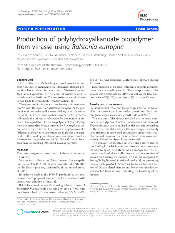 (PDF) Production of polyhydroxyalkanoate biopolymer from vinasse using Ralstonia eutropha