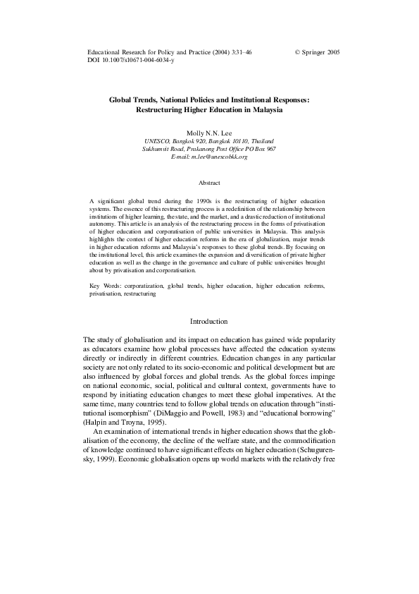 (PDF) Global Trends, National Policies and Institutional Responses ...