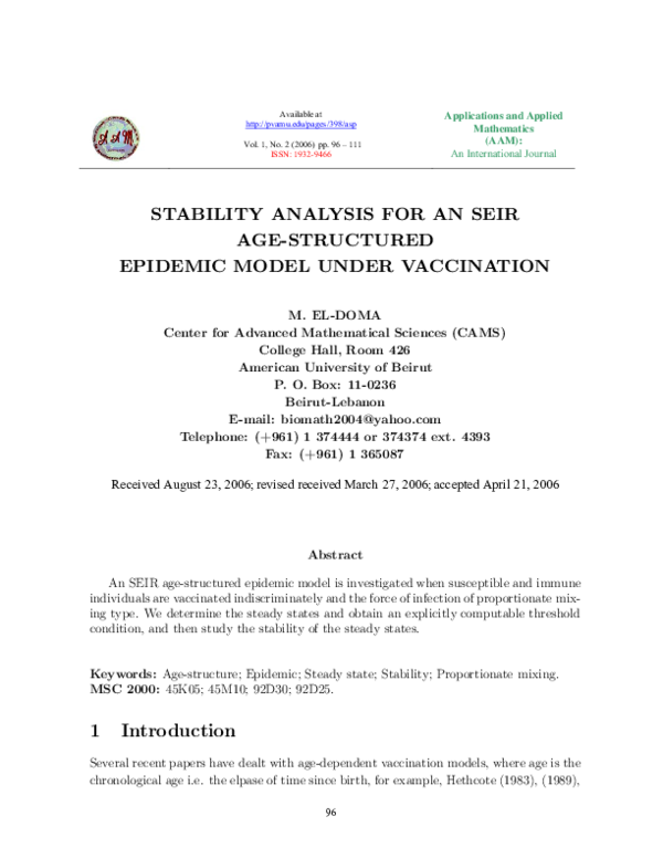 (PDF) Stability Analysis for an Seir Age-Structured Epidemic Model ...