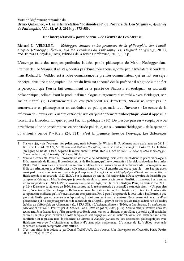 (PDF) Une interprétation « postmoderne » de Leo Strauss. Note de ...